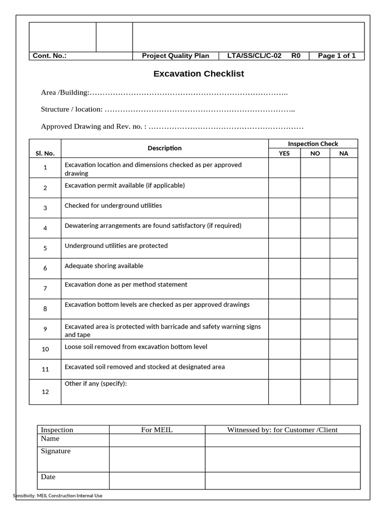 Excavation Quality Inspection Checklist | PDF