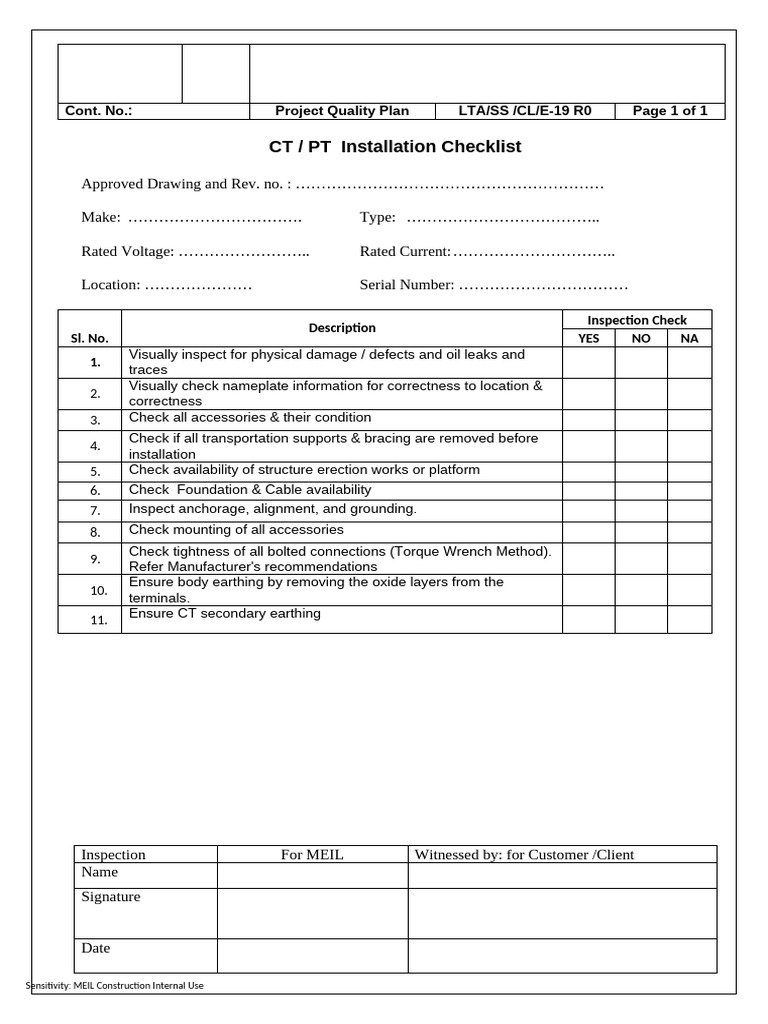 E 19 - CT PT Installation Checklist | PDF