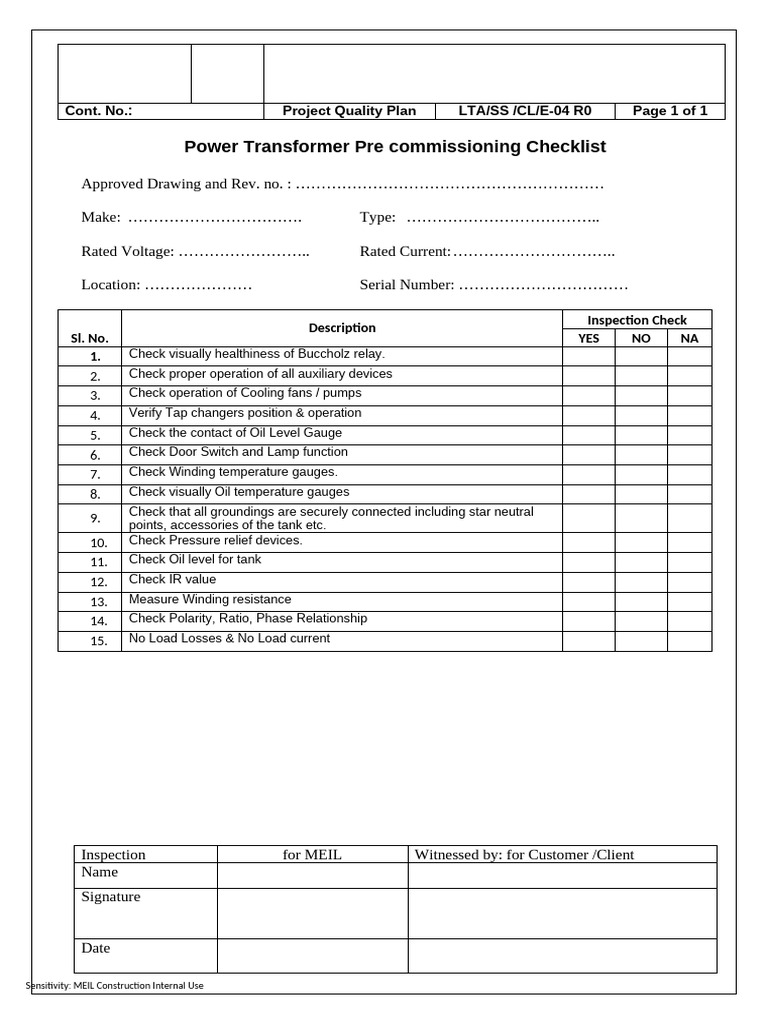 E 04-Transformers Precommissioning Checklist | PDF