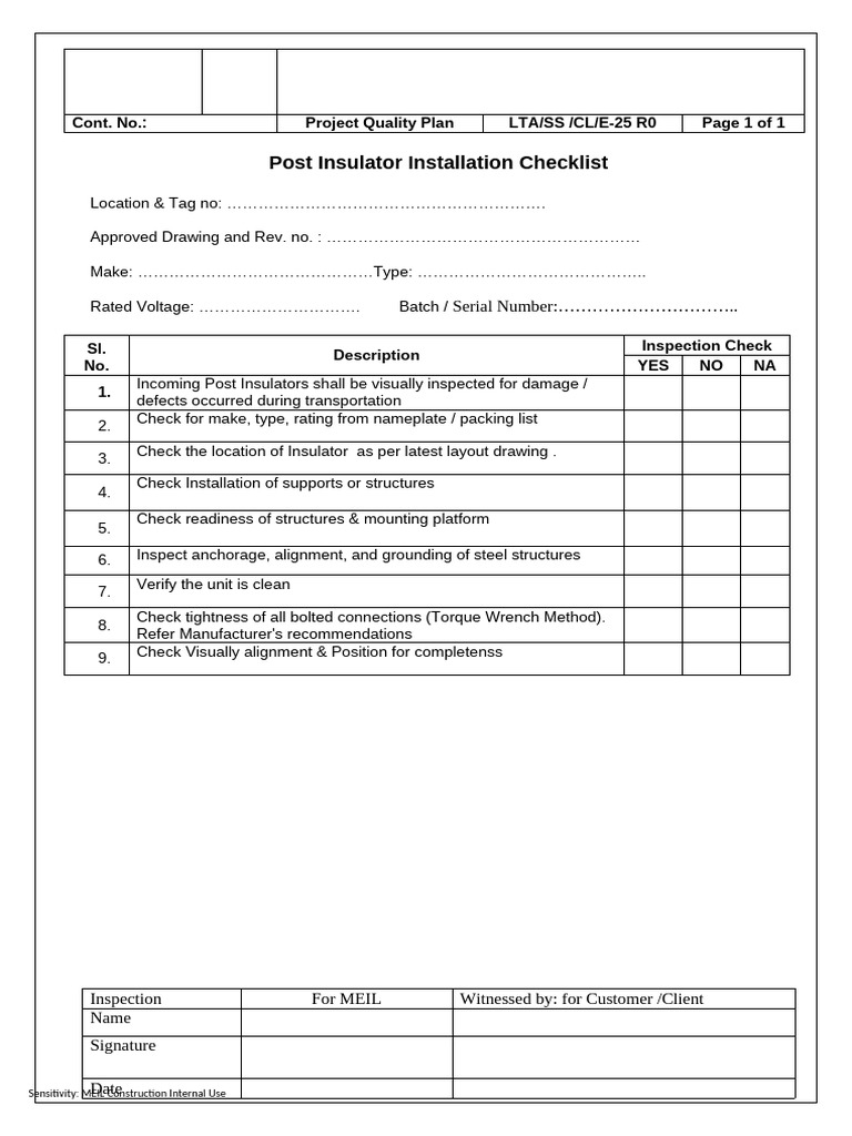 Post Insulator Installation Checklist | PDF