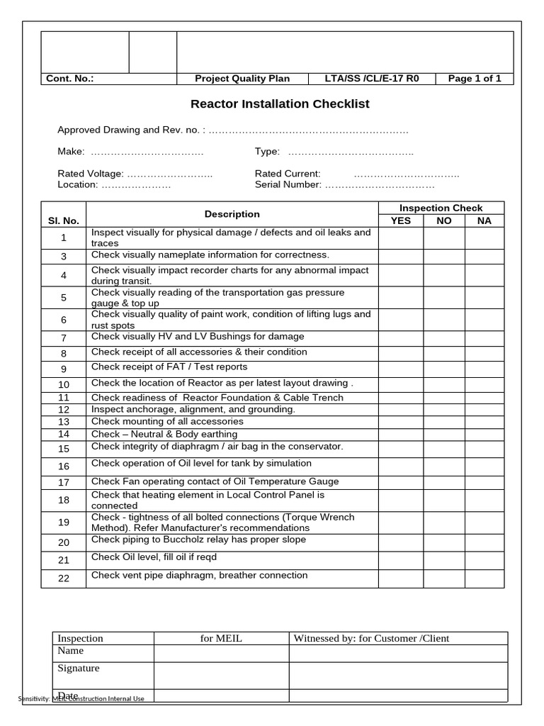 Reactor Installation Inspection Checklist | PDF | Mechanical Engineering
