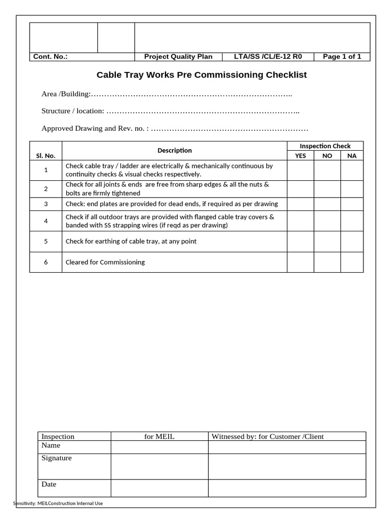 Cable Tray Inspection Checklist | PDF