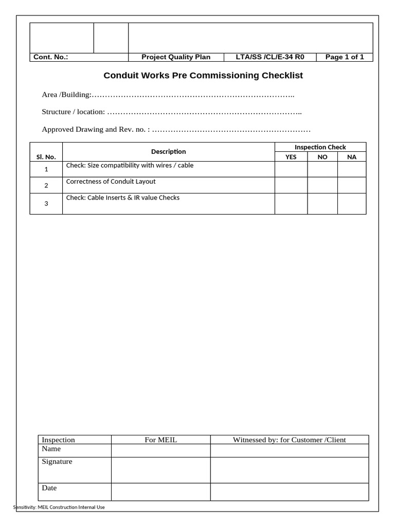 E 34 -Conduit Works Pre Commissioing Checklist | PDF
