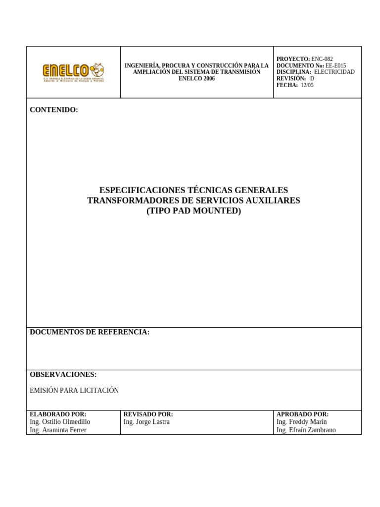 Enelven Especificaciones Tecnicas Pad Mounted 2 | PDF | Transformador ...