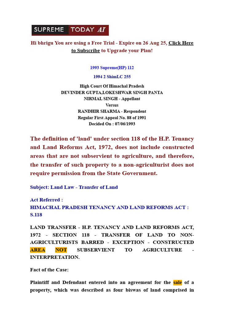 Nirmal Singh vs Randhir Sharma - 1993 Supreme(Hp) 112 - Supreme Today Ai | PDF | Lawsuit | Lease