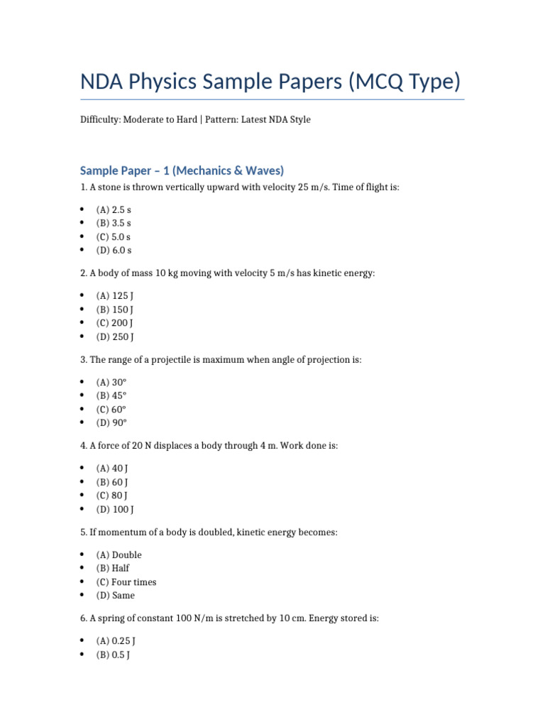 NDA Physics Sample Questions PDF | PDF | Frequency | Waves