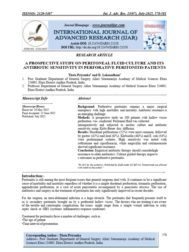 A Prospective Study On Peritoneal Fluid Culture and Its Antibiotic Sensitivity in Perforative ...