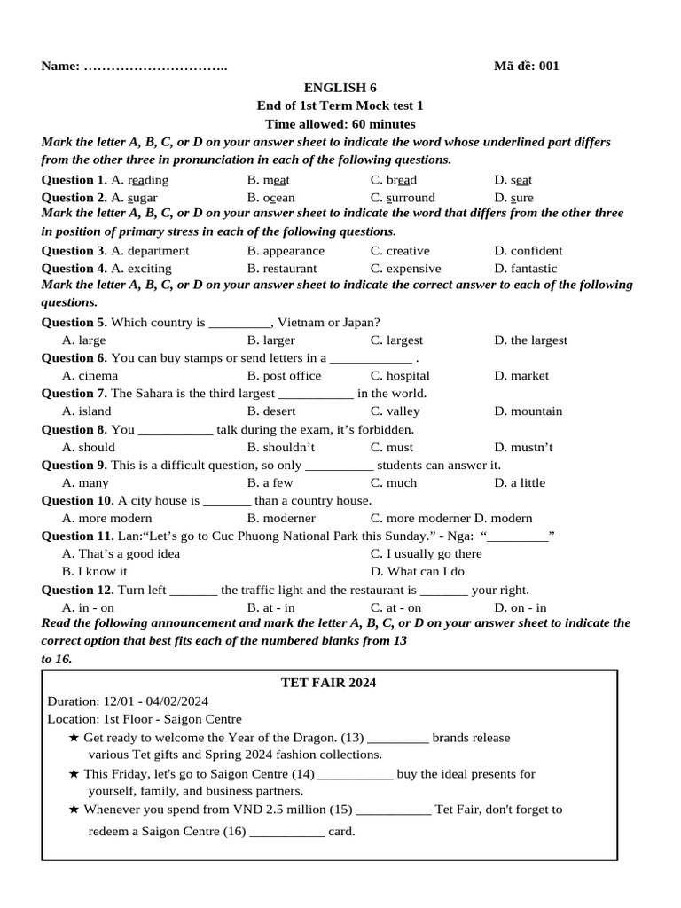 English 6 Mock Test 1 - Term 1 | PDF