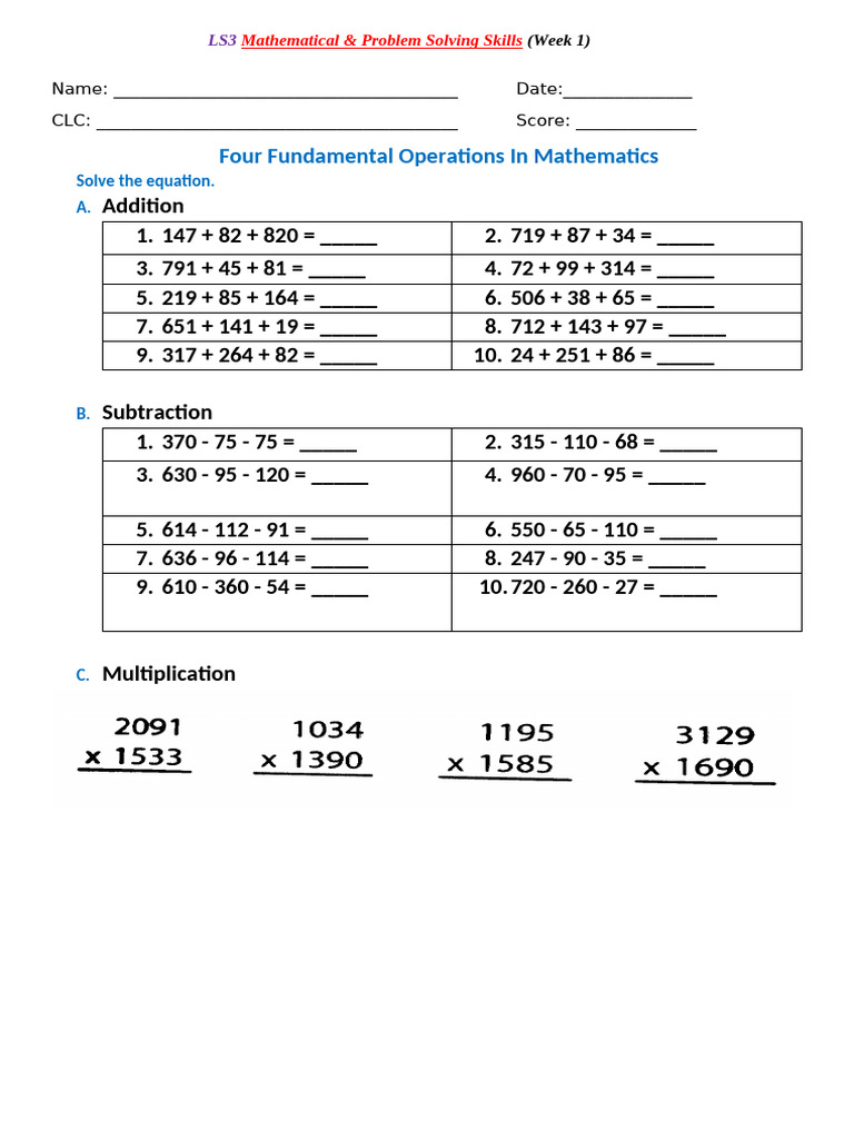 Math Operations Practice Worksheet | PDF