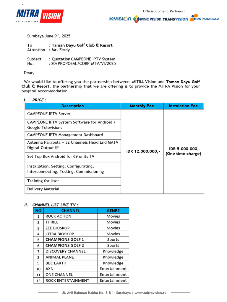 Quotation CAMPEONE IPTV System by MITRA VISION - Taman Dayu Golf Club ...