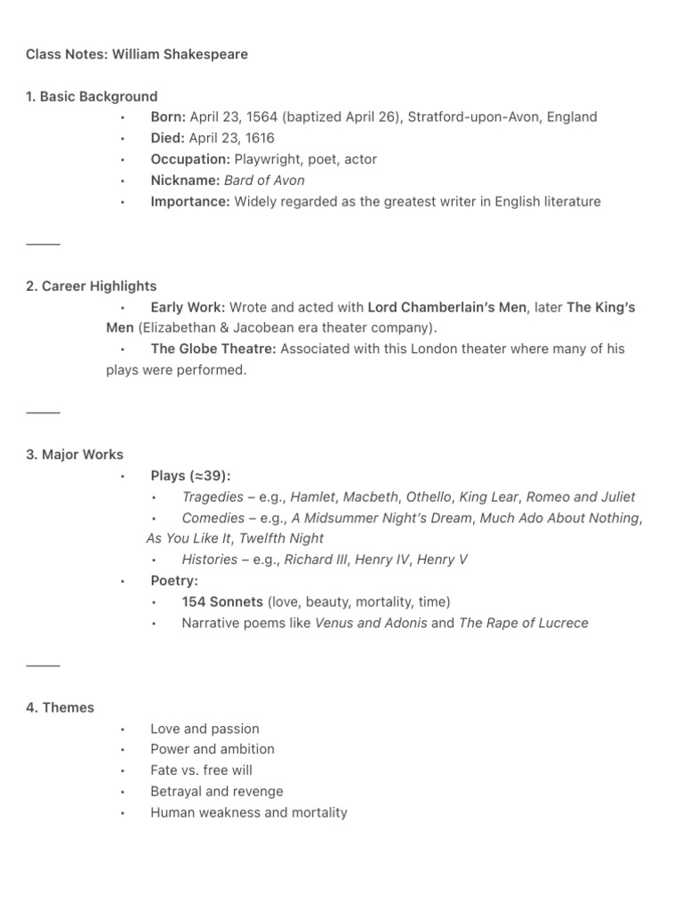 Class Notes - William Shakespeare | PDF | William Shakespeare ...