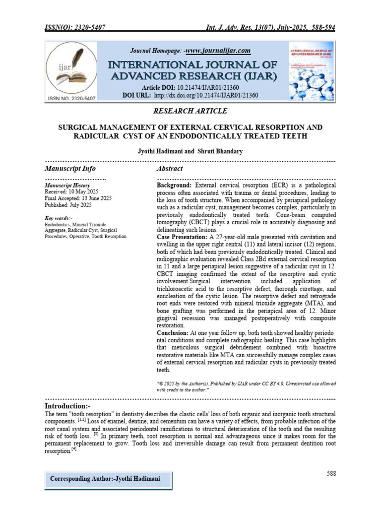 SURGICAL MANAGEMENT OF EXTERNAL CERVICAL RESORPTION AND RADICULAR CYST ...
