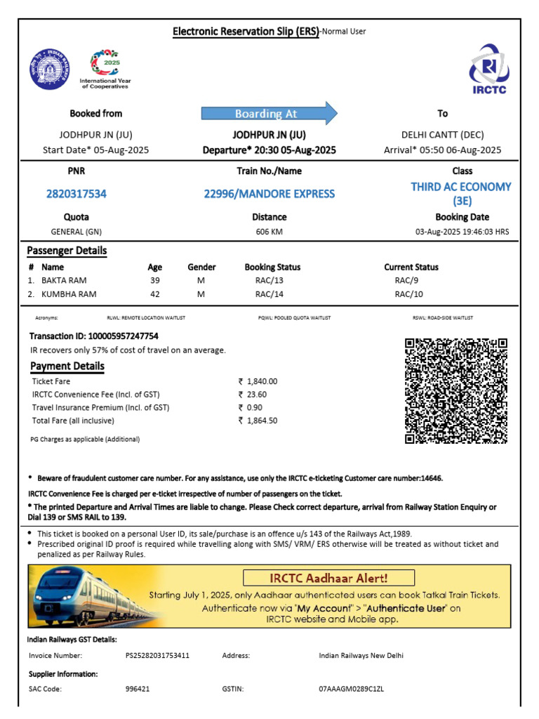 Mandore Express Jodhpur-Delhi Ticket | PDF | Identity Document | Payments