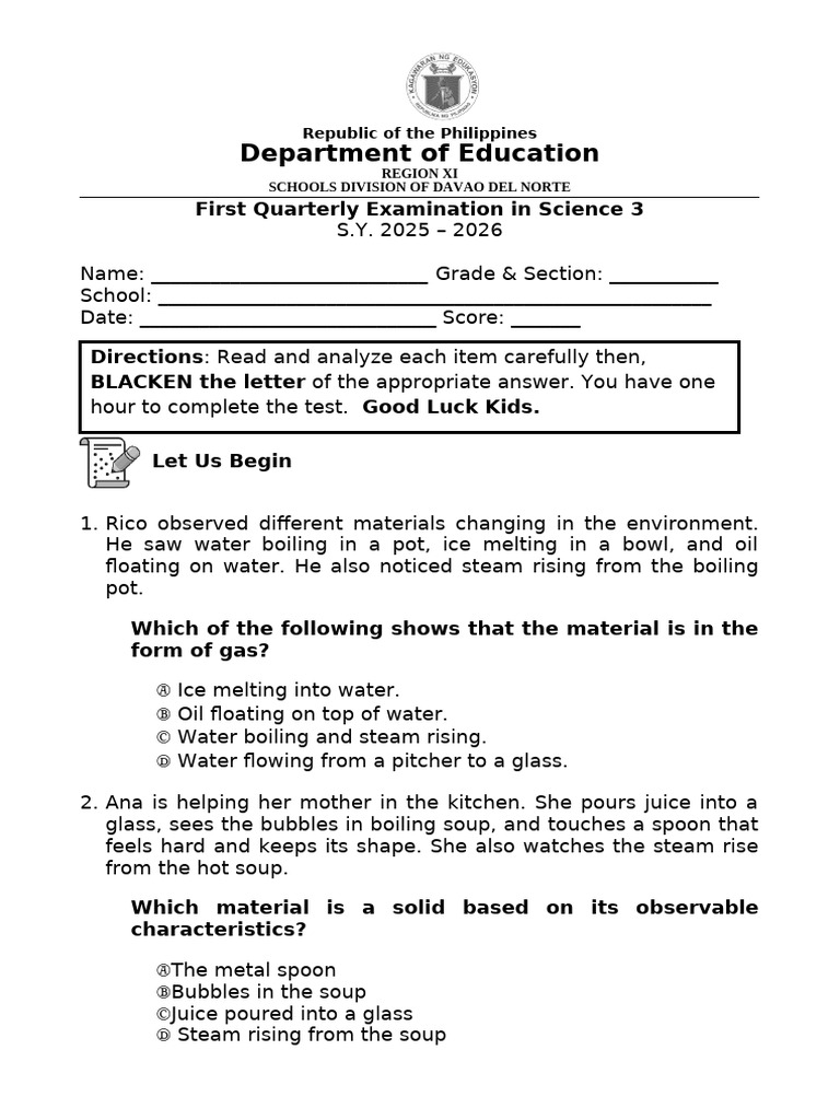 Science 3 Quarterly Exam: States of Matter | PDF | Water | Ice