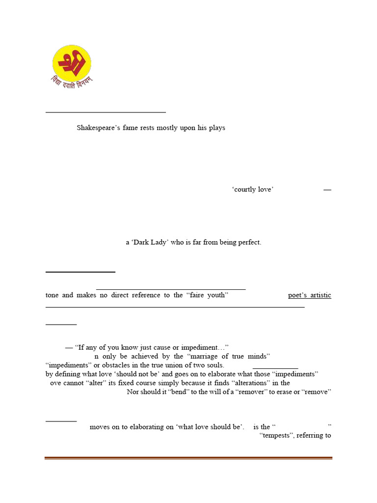 11 Eng Lit Sonnet 116 (William Shakespeare) Handout 2023-24 | PDF ...