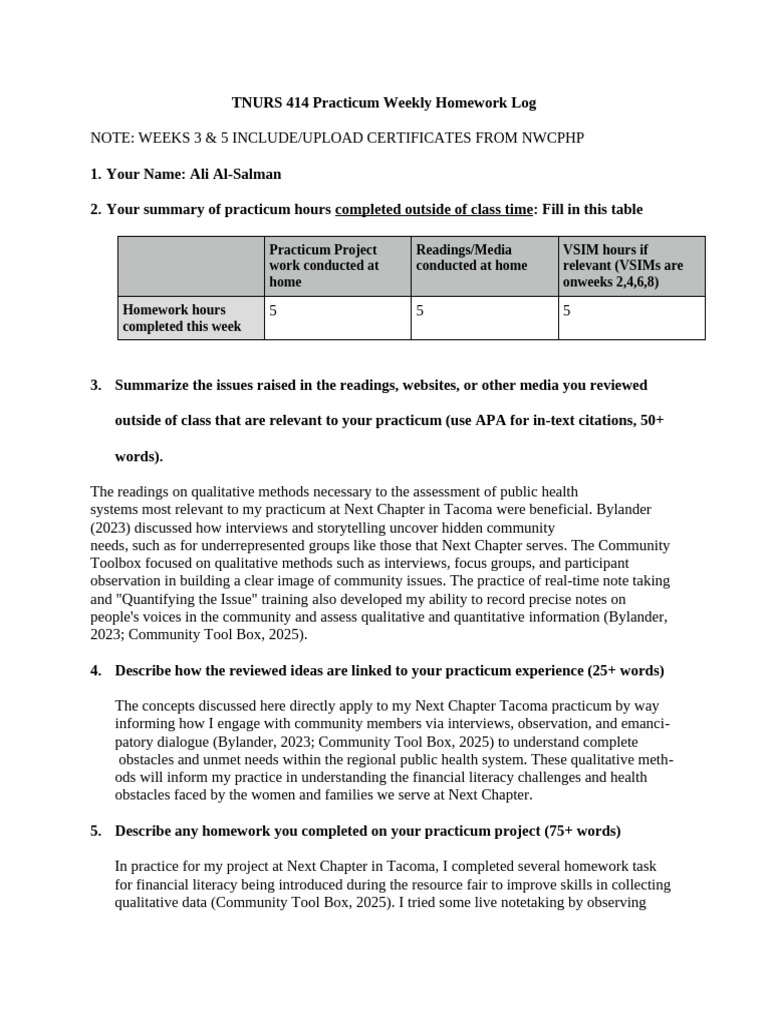 TNURS 414 Practicum Weekly Log | PDF | Focus Group | Communication