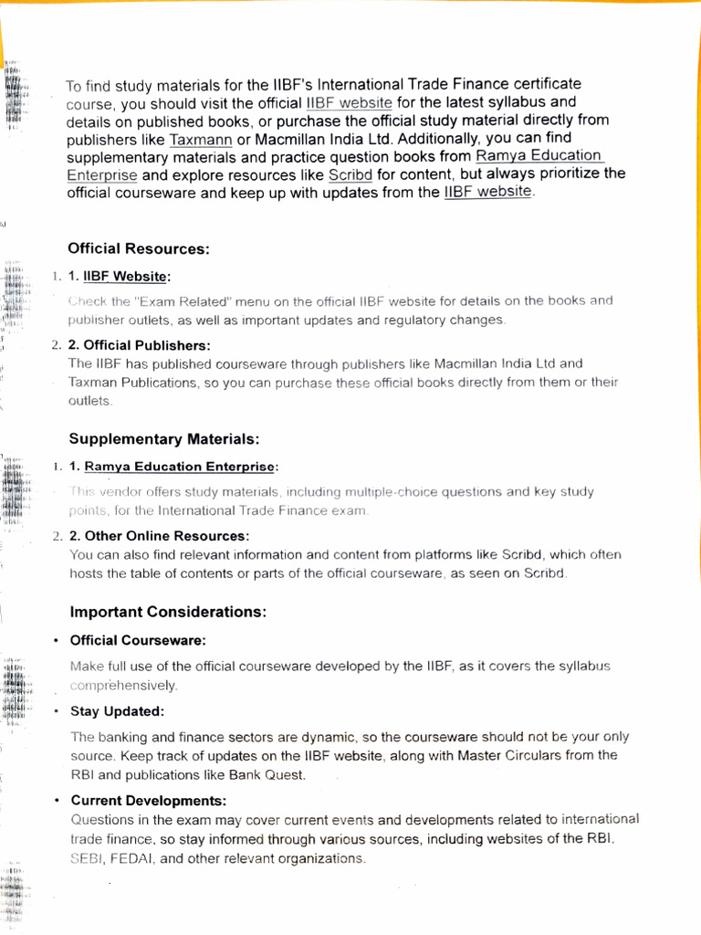 Study Materials for IIBF Trade Finance | PDF