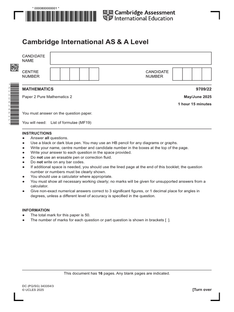 Pure Mathematics Paper 2 - May/June 2025 | PDF