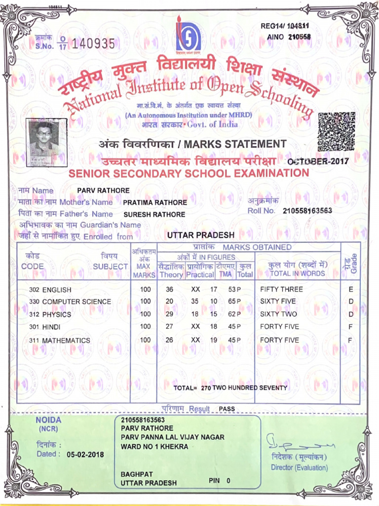 Class 12 Marksheet | PDF