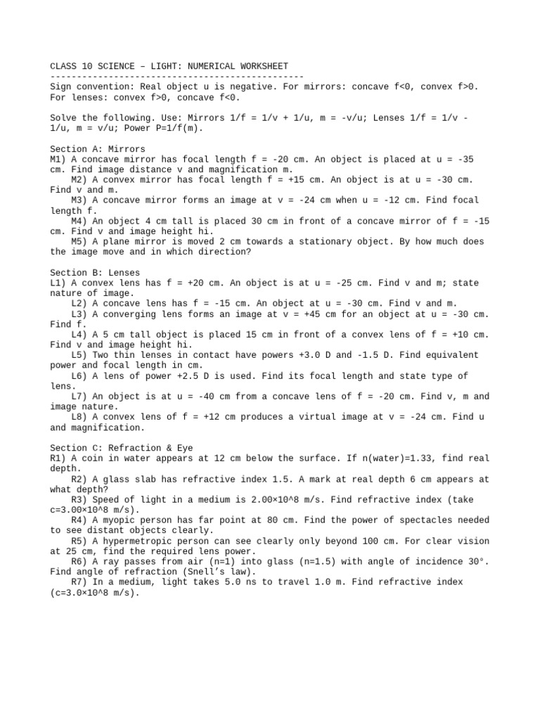 Class 10 Light Numericals Worksheet | PDF