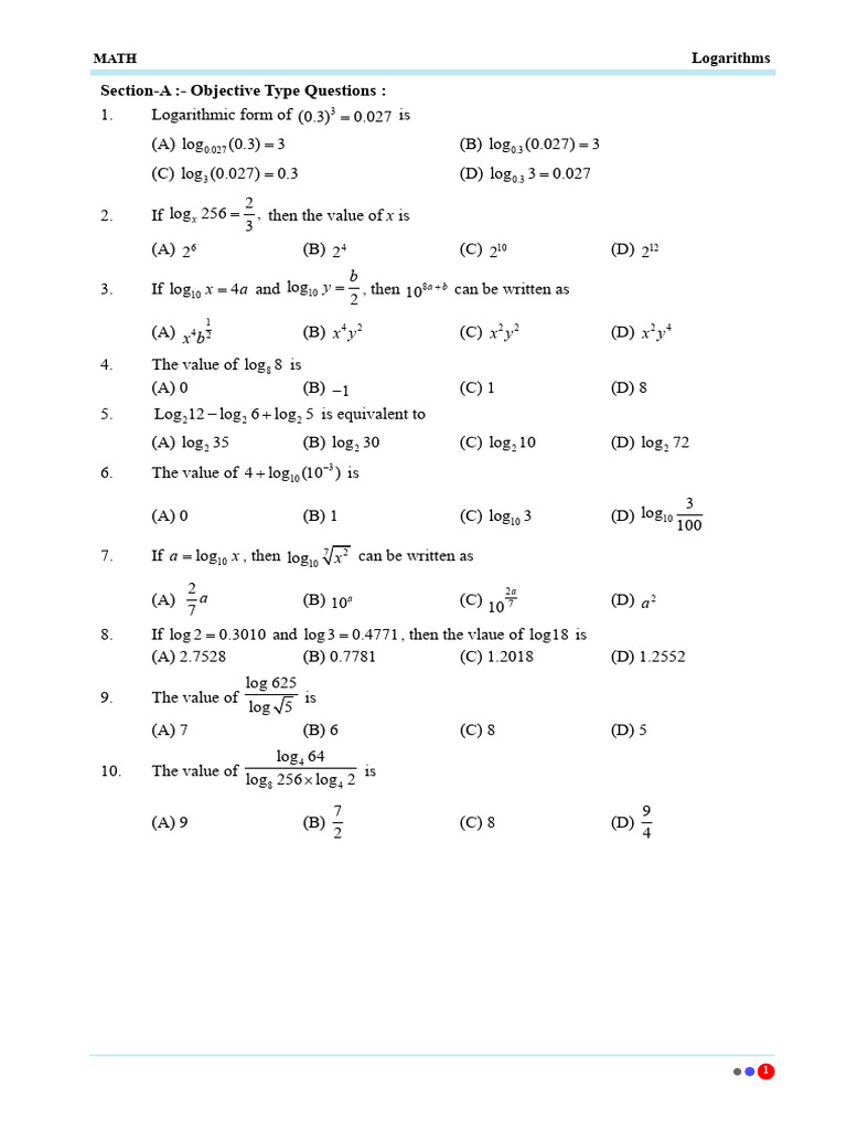 Logarithm Practice Questions for Class 11 | PDF | Logarithm | Arithmetic