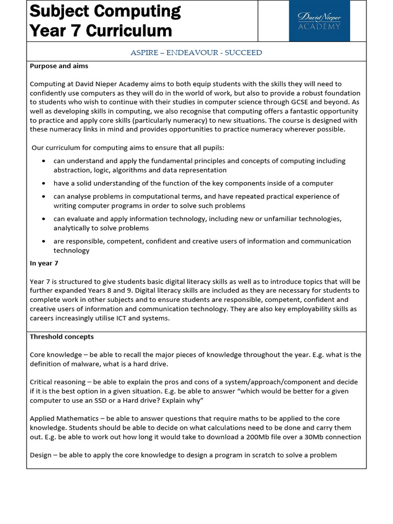 Curriculum Intent Yr 7 Computing 2021 | PDF | Computer File | Computer ...