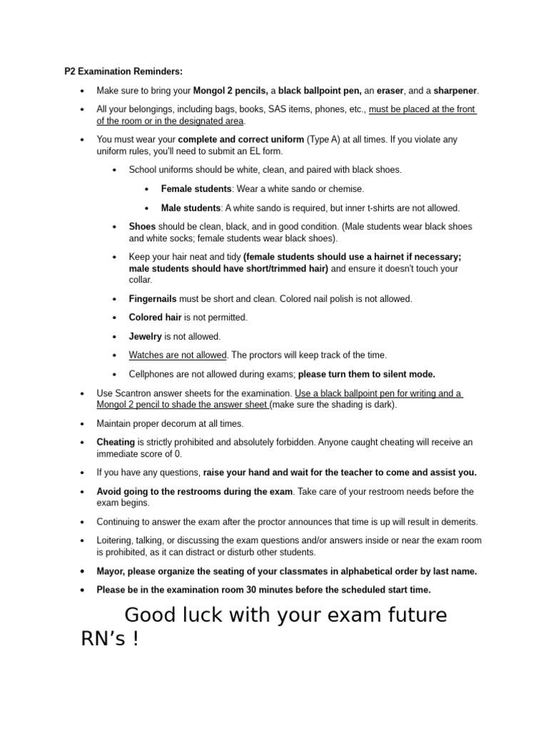 P2 Examination Reminders | PDF | Clothing