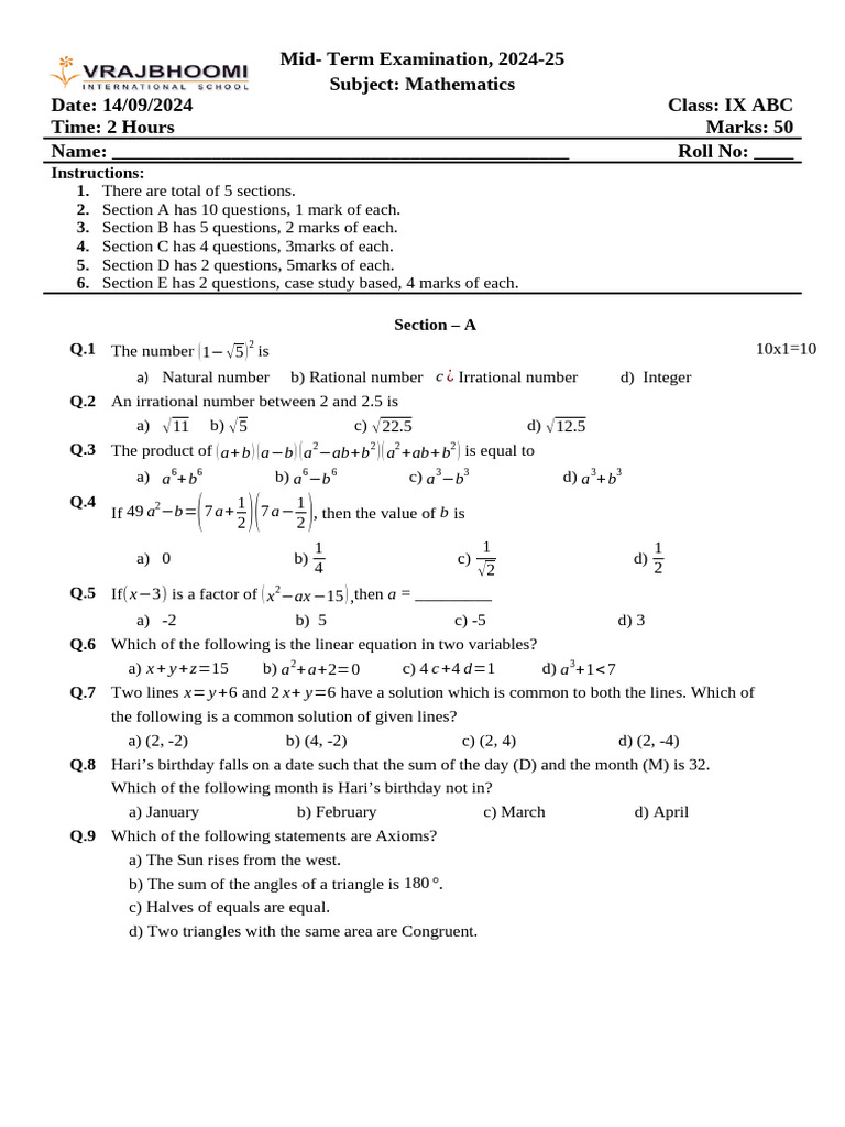 Class 9 Mid-Term Maths Exam 2024 | PDF | Numbers | Algebra