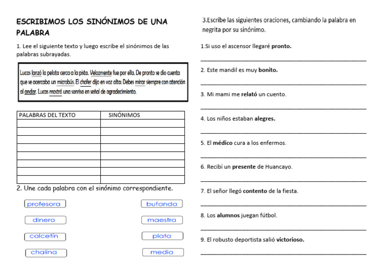 Ficha Escribimos Los Sinónimos de Una Palabra | PDF