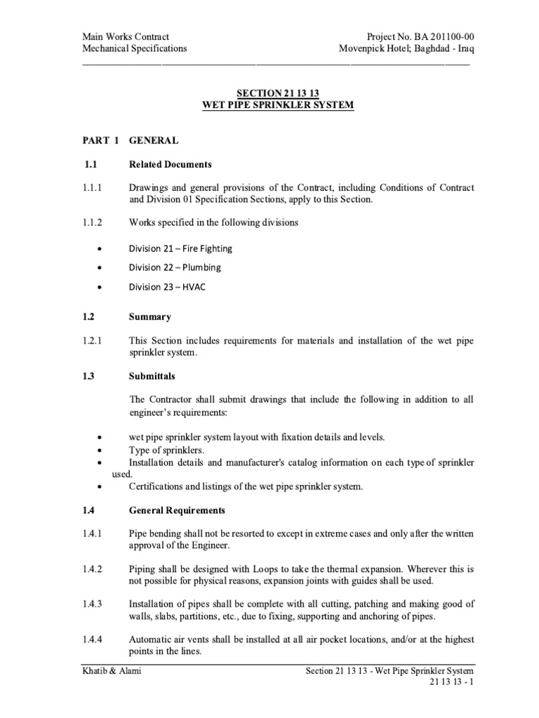 Section 21 13 13 Wet Pipe Sprinkler System | PDF