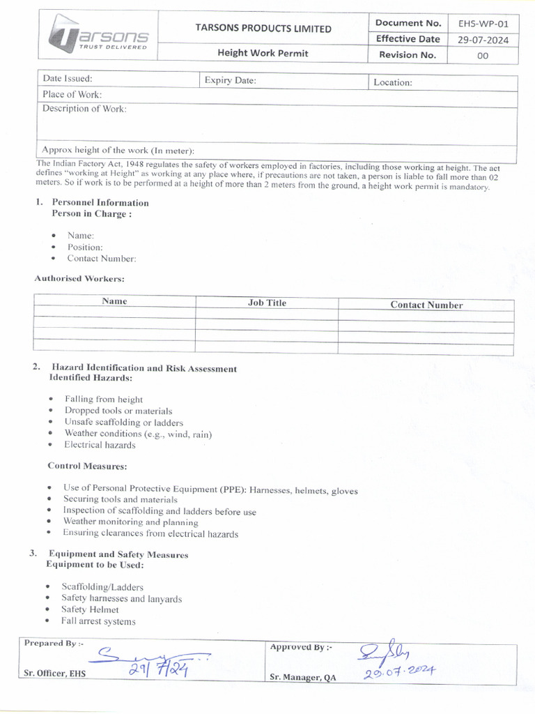 EHS WP 01 Height Work Permit | PDF