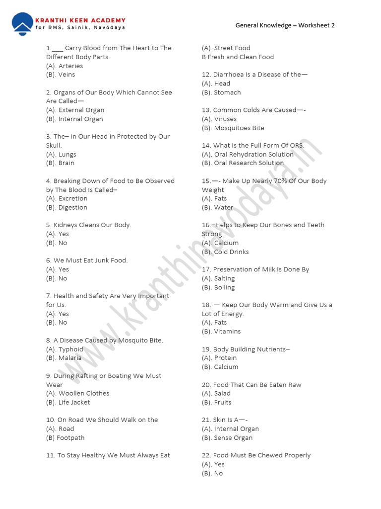 General Knowledge Worksheet on Health | PDF | Foods | Nutrition