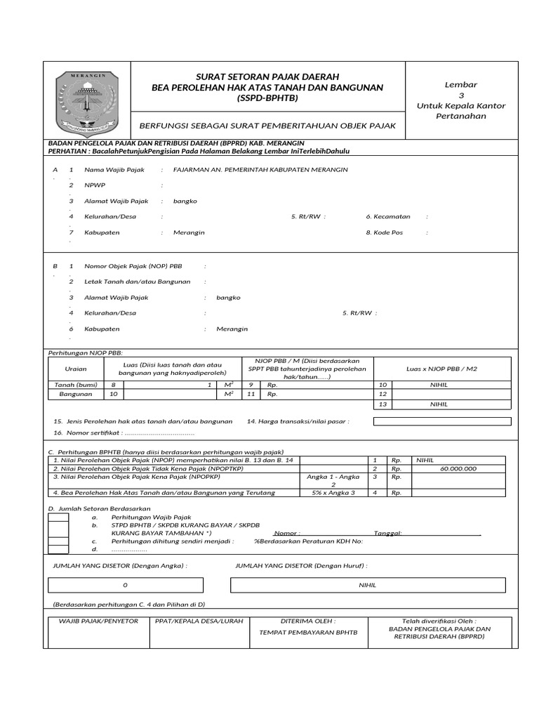Surat Setoran Pajak BPHTB Merangin | PDF