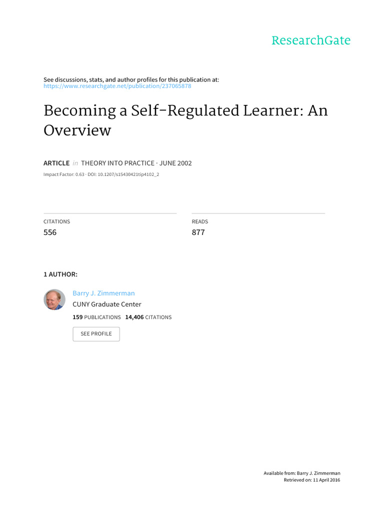 Zimmerman B. 2002 Becoming Self Regulated Learner | PDF | Metacognition | Self Efficacy