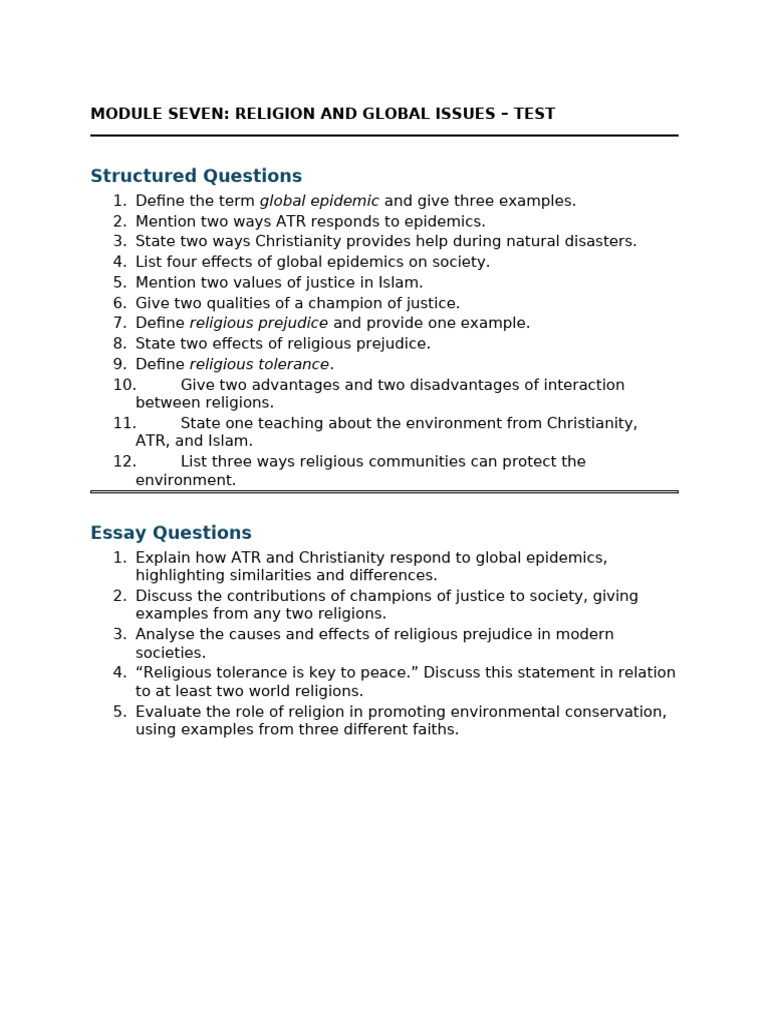 Religion Global Issues Test | PDF