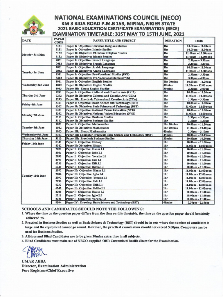 2021 Bece Timetable Signed | PDF