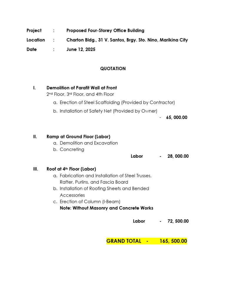 Quotation for Office Building Construction | PDF