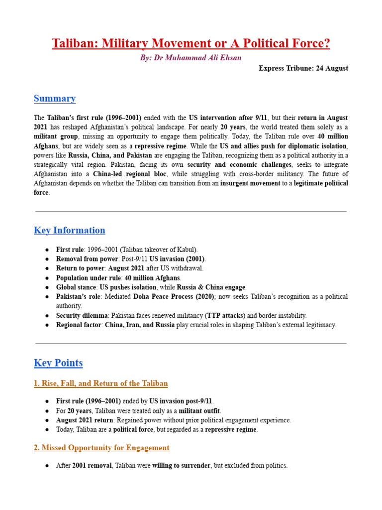 Taliban - Military Movement or A Political Force | PDF | Afghanistan ...