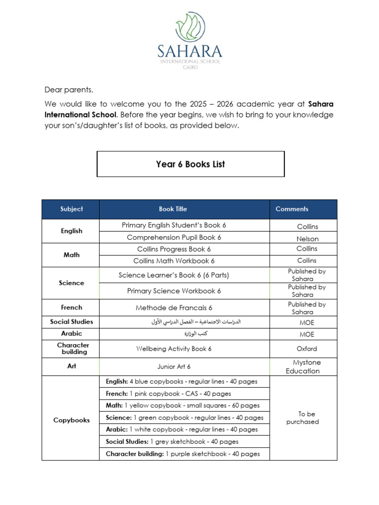 Y6 Books and Supplies List 2025-2026 | PDF | Pencil | Writing Implements