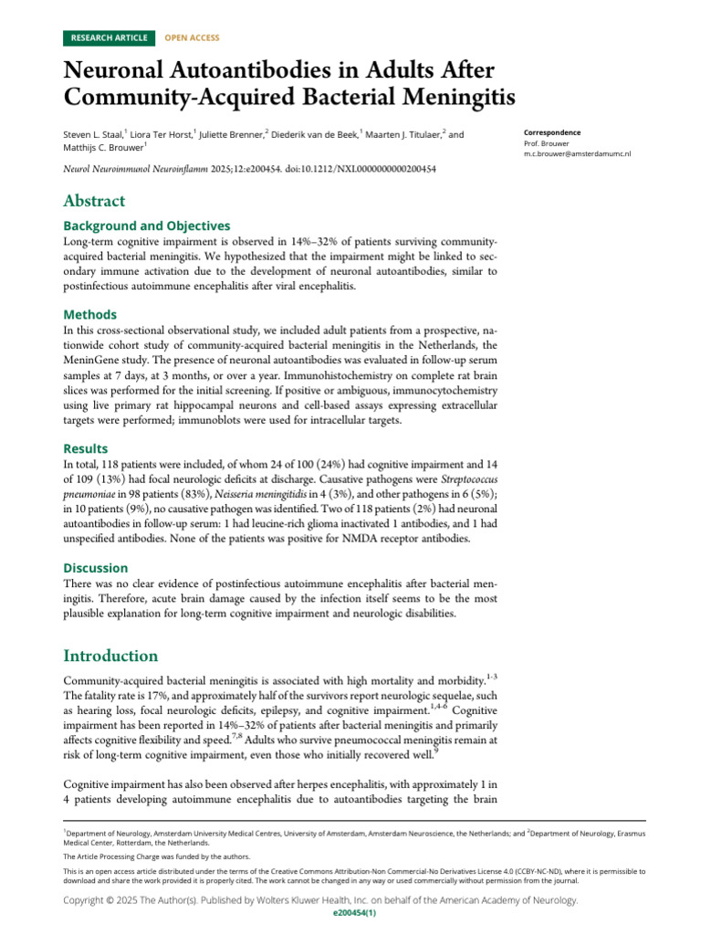 Neuronal Autoantibodies Post-Meningitis | PDF | Meningitis | Infection