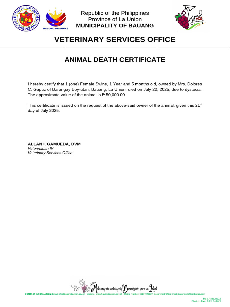 Animal Death Certificate for Swine | PDF