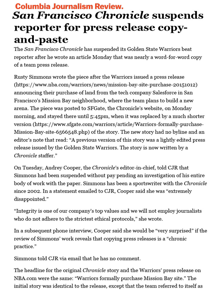 San Francisco Chronicle Suspends Reporter For Press Release Copy-And ...