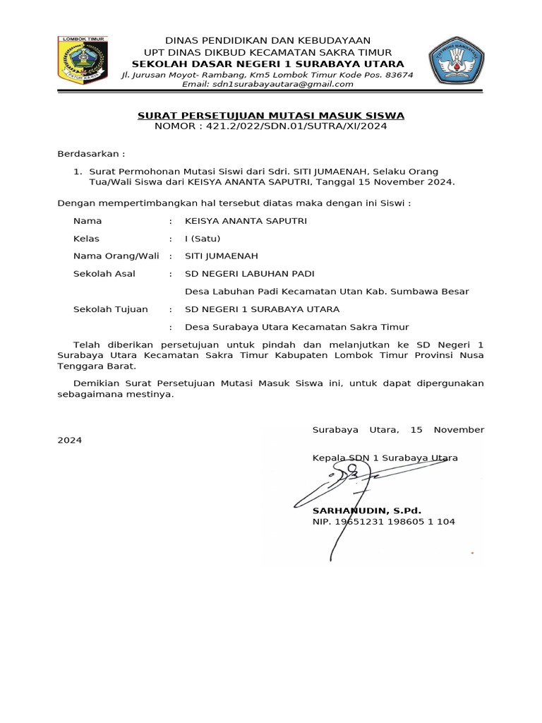Surat Mutasi Masuk Siswa | PDF