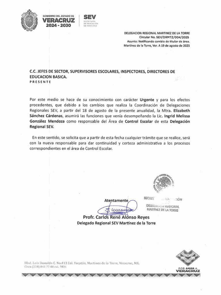 Cambio de Responsable de Area Control Escolar | PDF