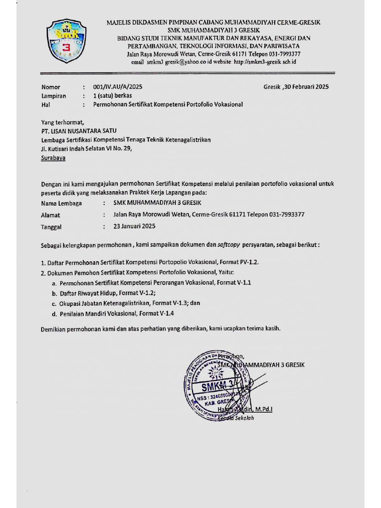 Permohonan SERKOM SMK Muhammadiyah 3 Gresik | PDF