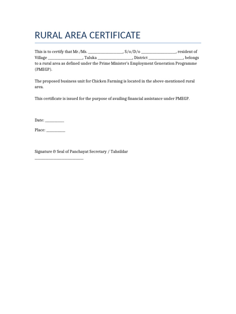 Rural Area Certificate Format PMEEGP | PDF