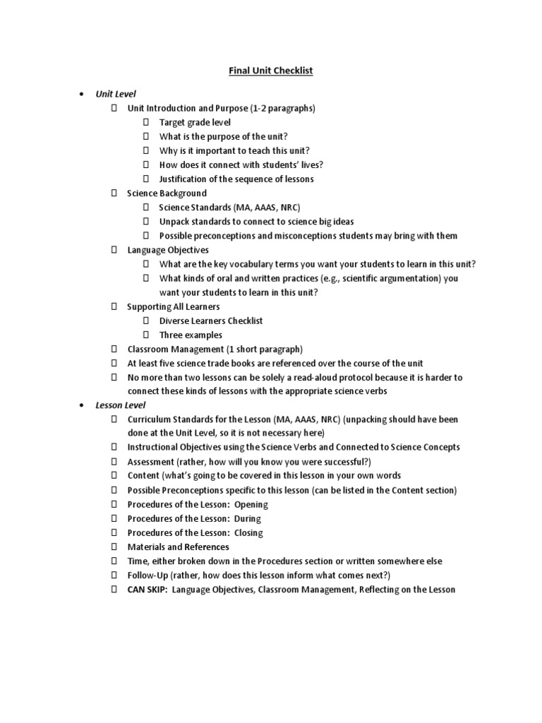 ED109-Final Unit Checklist | PDF | Science | Curriculum