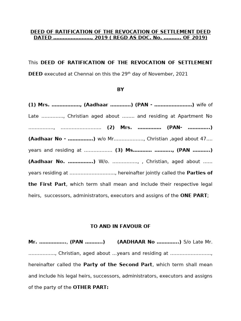 DEED OF RATIFICATION OF THE REVOCATION OF SETTLEMENT DEED - Chetpet ...