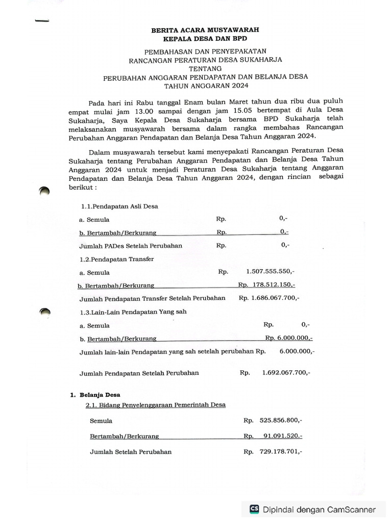 Ba Musyawarah Kepala Desa Dan BPD Tentang Perubahan Apbdes | PDF