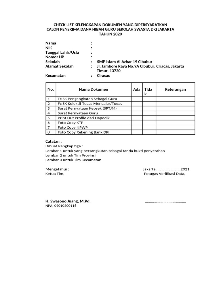 Checklist Dokumen Hibah Guru DKI 2020 | PDF
